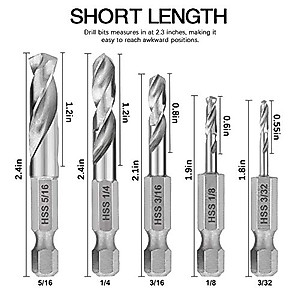 COMOWARE Stubby Drill Bit Set for Metal, 5pcs HSS M2 Short Length Drill Bit with 1/4-Inch Quick Change Hex Shank