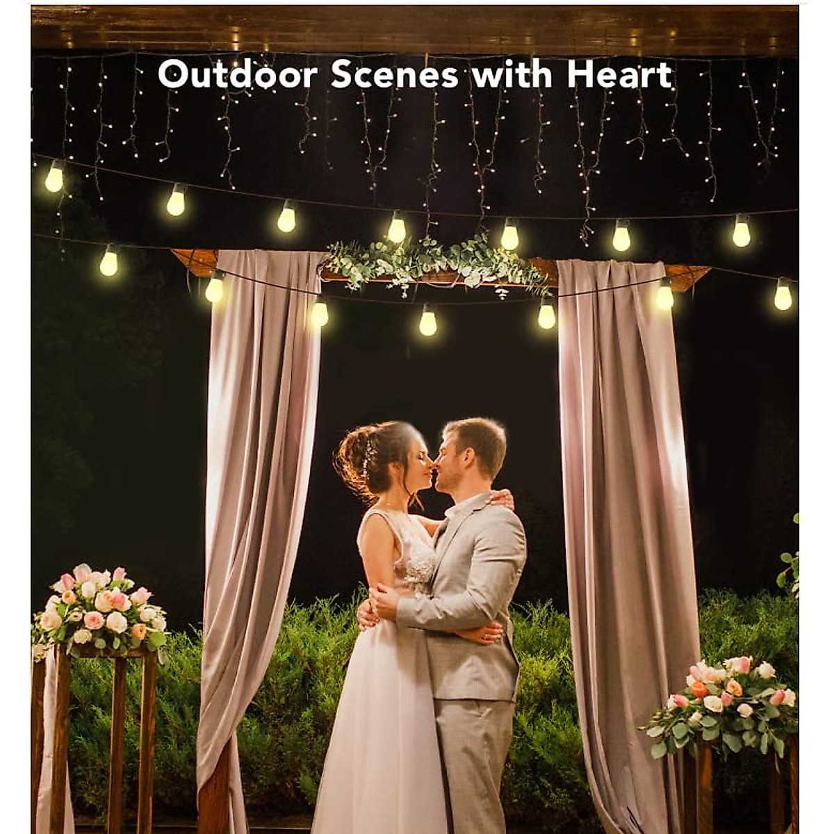 Govee Outdoor String Lights, 48ft IP65 Waterproof Shatterproof Christmas Lights with 15 Dimmable Warm Yellow LED Bulbs, Remote Control Holiday Lights for Balcony, Backyard, Party