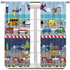 Kids Boys Construction Curtains Cartoon Colorful Cars Tractor Truck Airplane 2 Panels Window Treatment Set for for Boys Girls Bedroom Living Room, W84 x L84 Inch Blackout