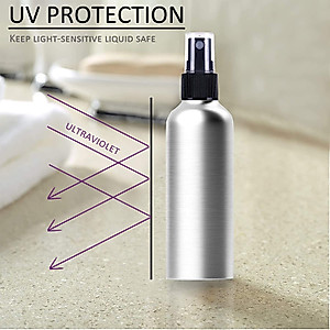 Empty Spray Bottles Travel Size 100ml/3.4oz 5 Pack Small Spray Bottle Aluminum Metal Fine Mist Refillable Atomizer Set with Lids for Liquids Skincare Cosmetic Perfume Storage, with 4pcs Small Funnels