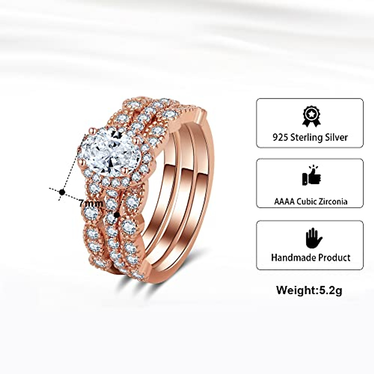 Ginger Lyne Collection Porsha 3 Ring Rose Gold over Sterling Oval Engagement Wedding Band Bridal Set Size 8