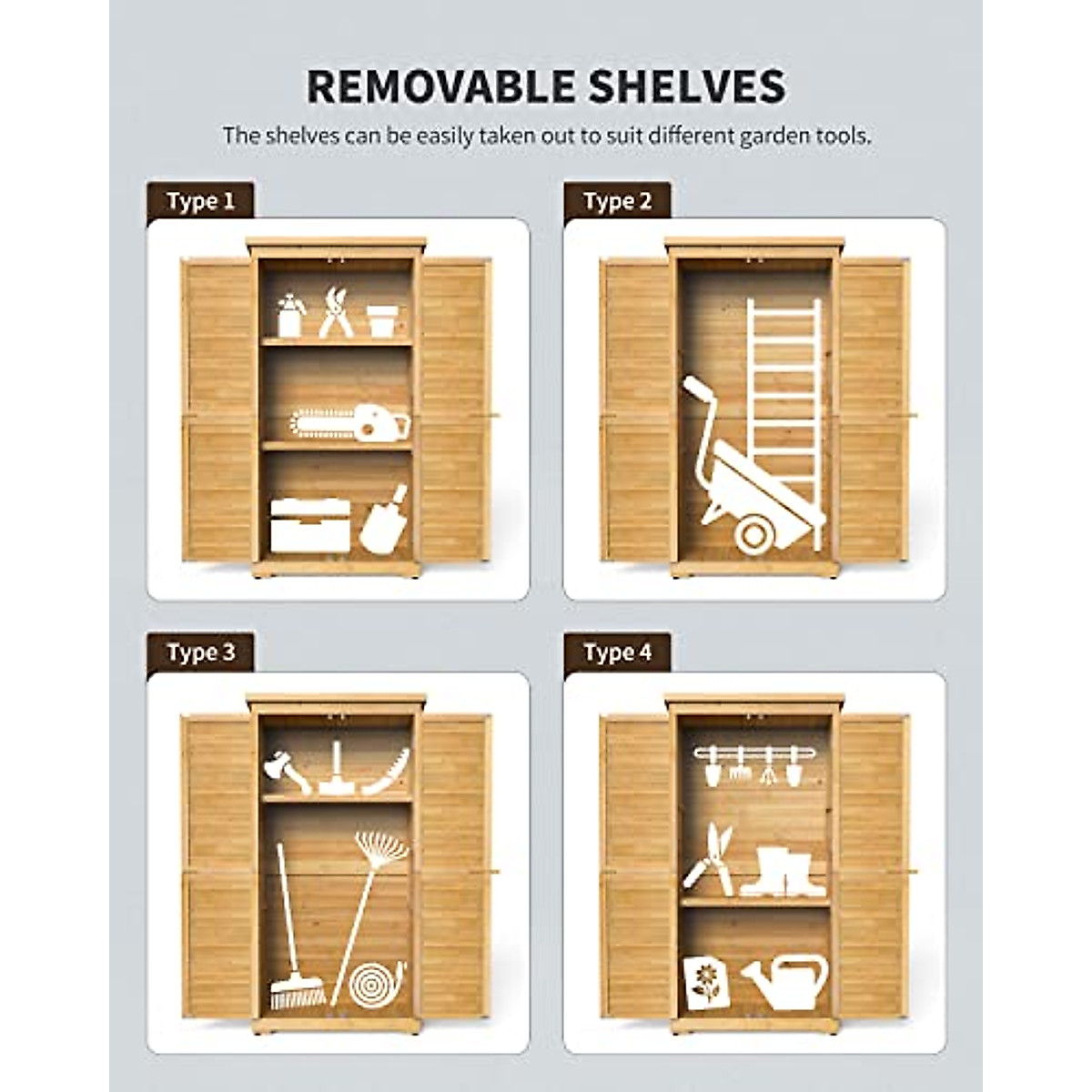 Gizoon Outdoor Storage Cabinet with 3 Shelves, Double Lockable Wooden Garden Shed with Waterproof Roof, Outside Vertical Tall Tool Shed for Yard Patio Lawn Deck-Natural