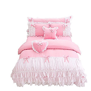 Lotus Karen Shaggy Chic Ruffle 3-Piece Duvet Cover Set- Soft Cotton Girls Bedding with Cute Bow-Knots-Sweet Pink Princess Bed Set Full Size(1Duvet Cover/2Pillowcases)