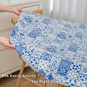 LIBERECOO Round Vinyl Fitted Tablecloth with Flannel Backing Elastic Edge Plastic Table Cover Waterproof Table Cloth Stain-Resistant Wipeable for 40"-44" Round Table