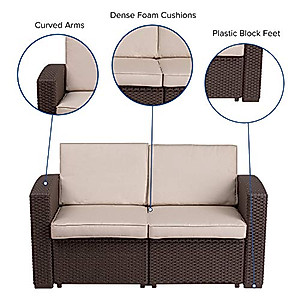 Merrick Lane Malmok Outdoor Furniture Resin Loveseat Chocolate Brown Faux Rattan Wicker Pattern 2-Seat Loveseat with All-Weather Beige Cushions