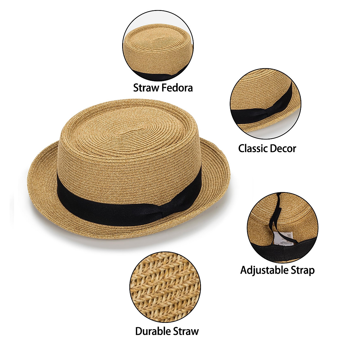 Pork-Pie-Hat-for-Men-Women Straw-Boater-Hat - Classic Boater Derby Sun Hats with Grosgrain Band Khaki