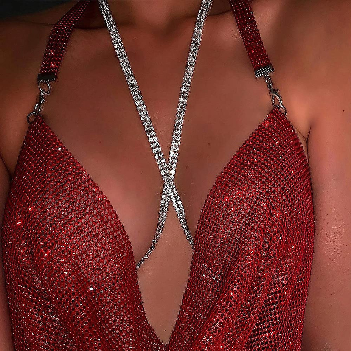 Jerany Crossover Rhinestone Body Chain Silver Bra Body Necklace Glitter Nightclub Body Jewelry for Women