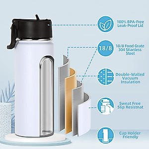 Volhoply 18oz Insulated Water Bottle Bulk 2 Pack,Kids Stainless Steel Water Bottles with Straw Lid,Double Wall Vacuum Metal Thermos Bottle,Wide Mouth Reusable Sports Flask For Cold Drink(White,2 Set)