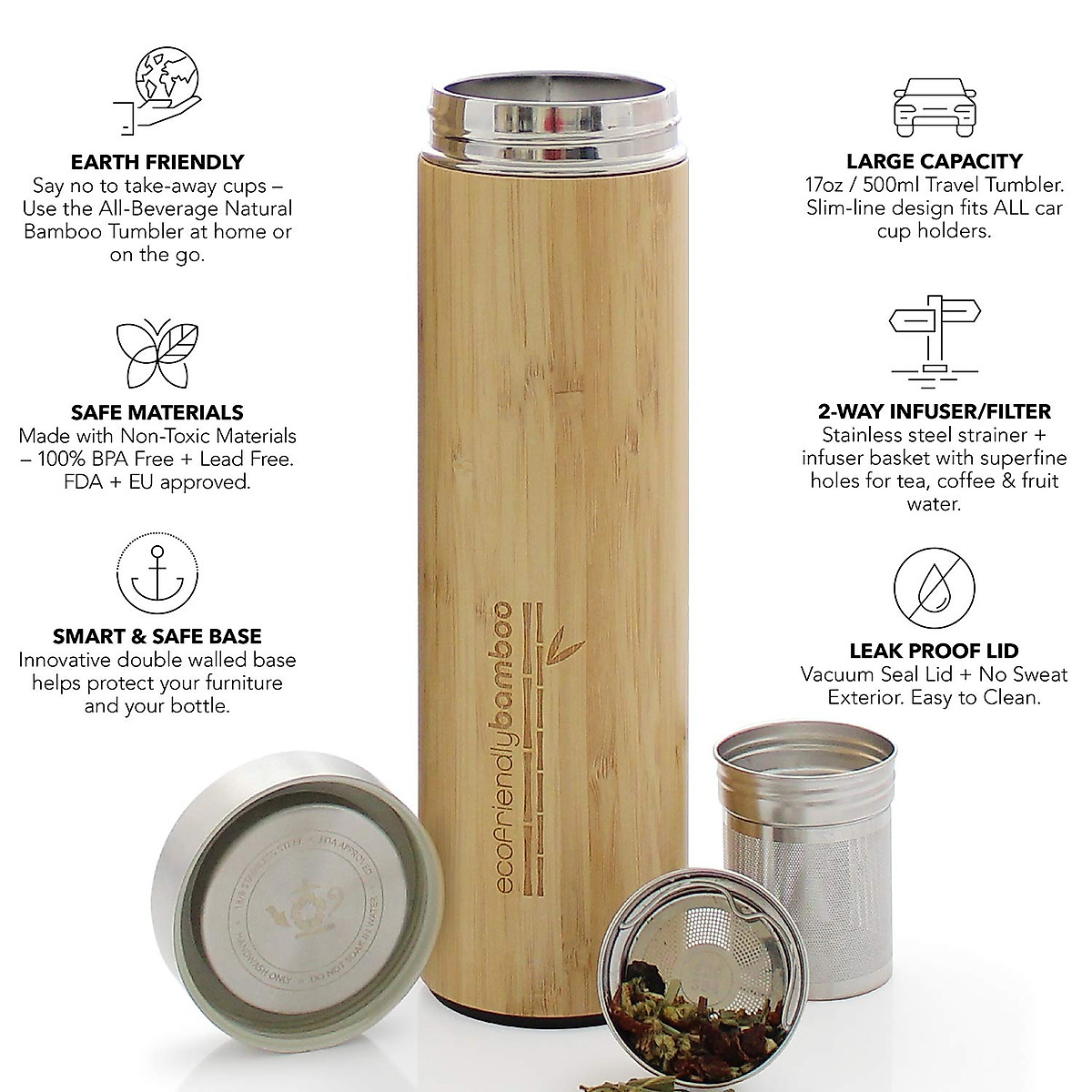 Teabloom All-Beverage Travel Tumbler – Large Capacity 17 oz / 500 ml – Insulated Thermos Mug – Eco-Friendly Bamboo – Hot and Cold Tea Infuser – Cold-Brew Coffee – Fruit-Infused Water – The Naturalist