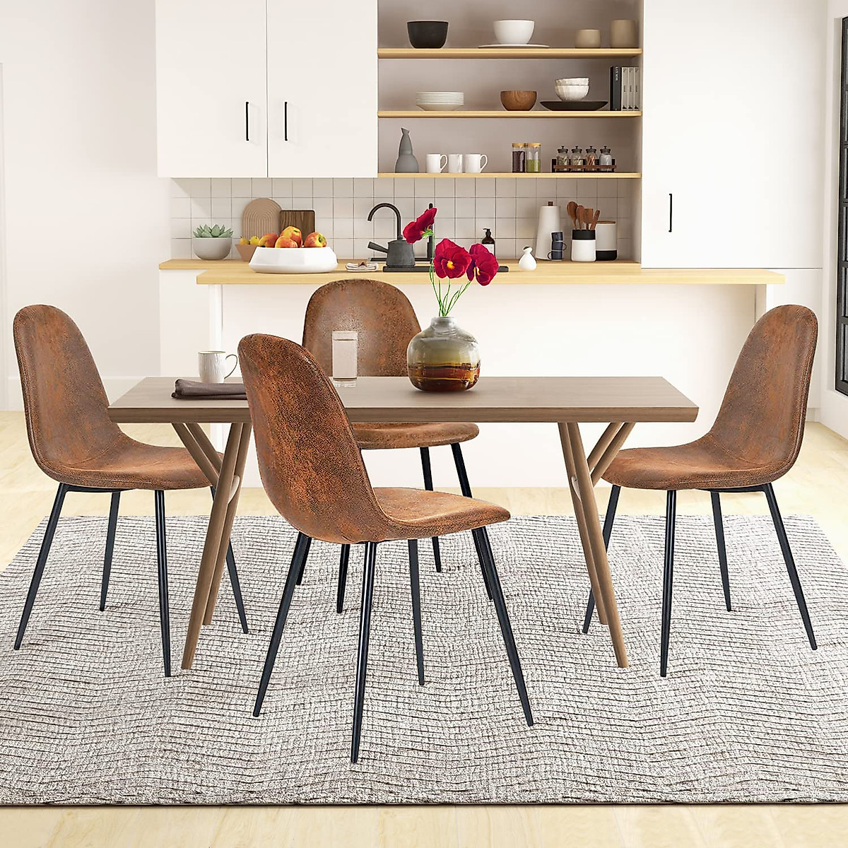FurnitureR Dining Chairs Set of 4, Fabric Suede Dining Room Side Seating, Kitchen Chairs with Metal Legs for Living Room,Dark Brown