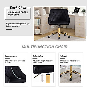 Kootlena Modern Black Velvet Desk Chair, Home Office Desk Chair Computer Chair on Wheels, Cute Vanity Chair for Womens Girls, Upholstered Swivel Task Chair w/Gold Base for Living Room Bedroom