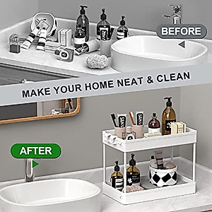 SPACEKEEPER Under Sink Organizer, 2 Tier Under Sink Storage Organizer, Bathroom Standing Rack, Bath Collection Slide-out Baskets with Hooks, Multi-purpose Storage Shelf for Bathroom Kitchen, White