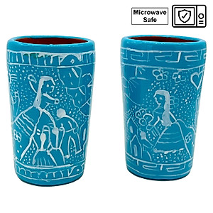 Casa Fiesta Designs Colorful Mexican Shot Glasses, Hand-painted in Mexico - Great for Tequila, Mezcal and Sangrita, 2 oz - Tequilero Historias (Pack of 2) (Turquoise)