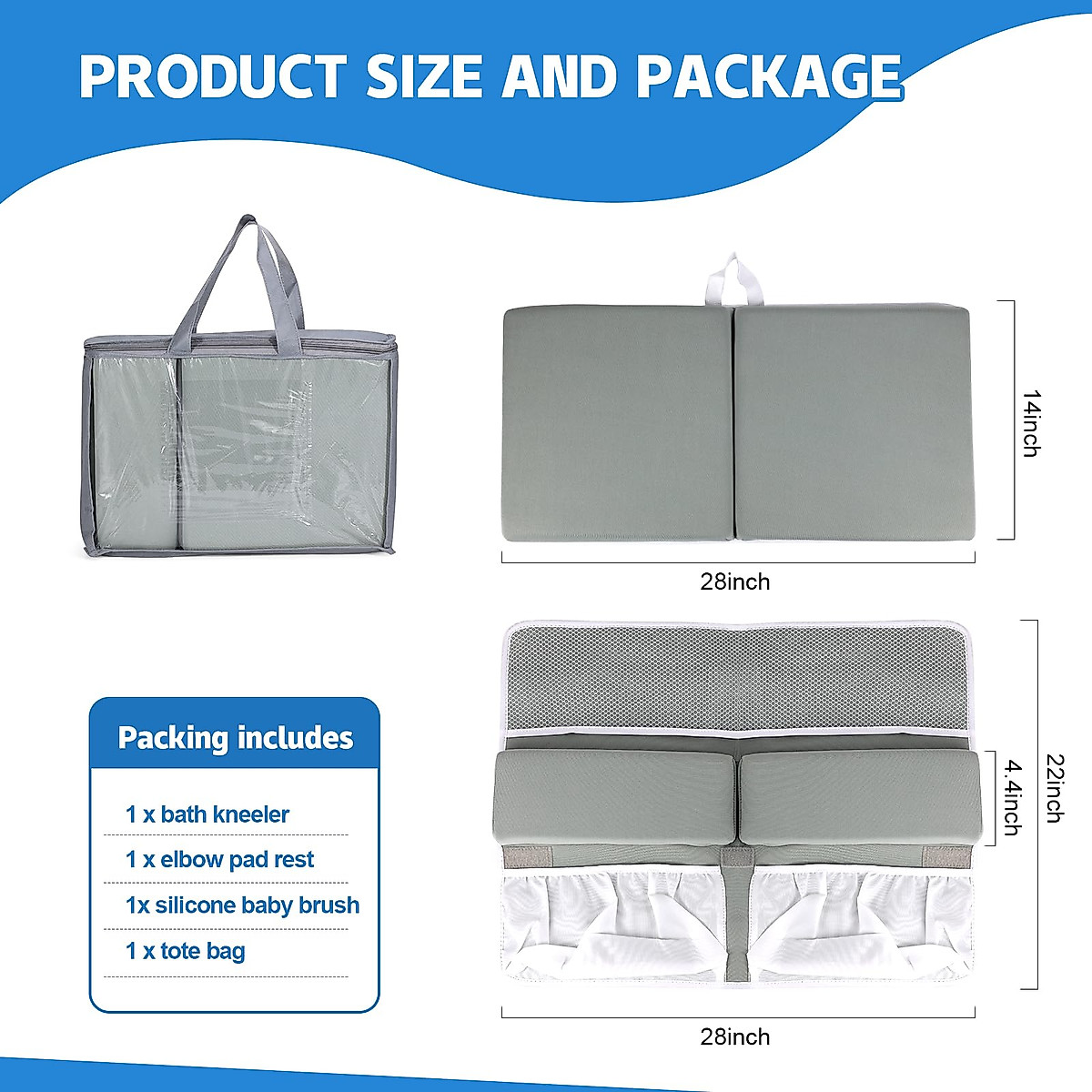 Baby Bath Kneeler and Elbow Rest Pad Set, Super Thick Non-Slip Bathing Kneeling Mat Quick Drying Foldable Knee Pad for Bathing Babies and Toddler Bathing with Toy Organizer Pockets, Gray