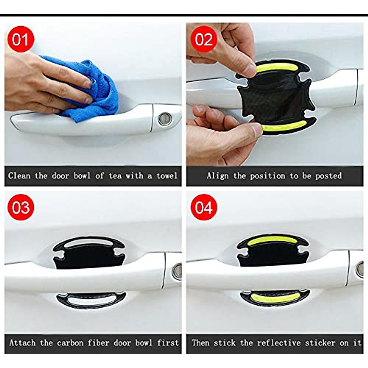 JINSHENG 8PCS 3D Carbon Fiber Texture Car Door Handle Reflective Stickers,Auto Door Handle Anti-Scratch Protective Film Car Outdoor Safety Reflective Strips (White)