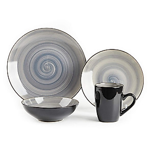 HomeVss, Stoneware Sonoma 16pc Dinnerware Set, Black + Speckled Spin Wash Grey