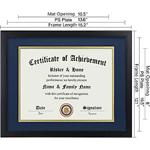 ELSKER&HOME 8.5x11 Certificate Frame with Blue Mat- Classic Black Color Frame - Displays Diploma 8.5x11 Inch with Mat - 11x14 Inch Without Mat - For Document/Photo(Double Mat Blue with Gold Rim)