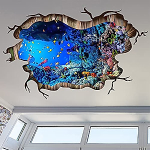 3D Under The Sea Fish Floor Wall Decals, FODIENS Ocean Sea Life Wall Stickers, Removable Peel and Stick Waterproof DIY Wall Art Decal for Kids Room Nursery Living Room Bathroom Playroom