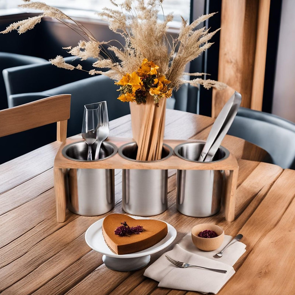 ZOOFOX 3 Pack Silverware Holder, Stainless Steel Utensil Organizer with Wood Base, Flatware Caddy for Spoons, Knives and Forks, Great for Kitchen Table, Cabinet, Pantry