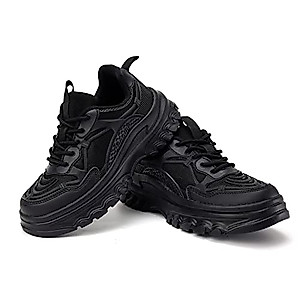 Asiman Women's Chunky Platform Sneakers Platform Lace-Up Lightweight Breathable Mesh Comfortable White Beige Black Pink Sneakers (Black,6.5)