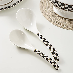 Porlien Checker Dinner Serving Set with Soup Tureen, Soup Ladles, Gravy Boat with Ladle and Stand and Salt & Pepper Shaker