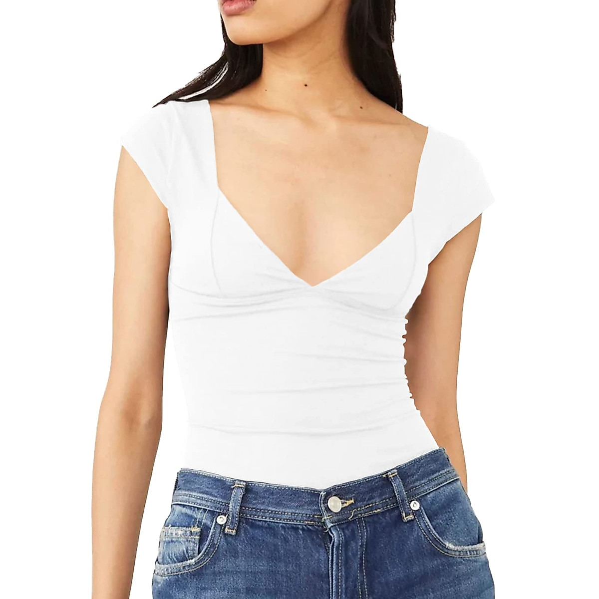 Women’s Crop Tops Cami Deep V Neck Sexy Y2K Shirt Short Sleeve Backless Basic Summer Casual Tee Shirts Cami Crop Tops (as1, Alpha, s, Regular, Regular, White)