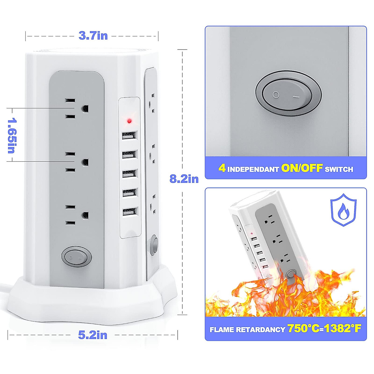Power Strip Tower Surge Protector with 5 USB Ports, 12 Multiple Outlets, 6.5 FT Flat Plug Extension Cord, 13A 1050J Overload Protection, Desktop Charging Station for Home Office Dorm Room