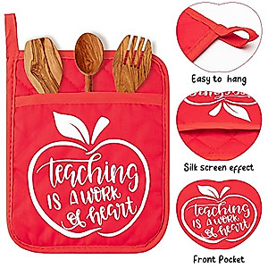 OSNIE 4Pcs Teacher Appreciation Pot Holders Heat Resistant Microwave Oven Mitt Potholders with Hand Pocket Hanging Loop Machine Washable Hot Pads Set End of The Year Teacher Gift for Cooking Baking