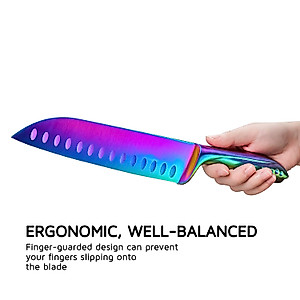 Santoku Knife 7 Inch WELLSTAR, Super Sharp German Steel Kitchen Cooking Knife with Comfortable Handle and Rainbow Titanium Coating for Chopping Slicing Dicing and Mincing of Meat Vegetables and Fruits