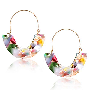 CEALXHENY Acrylic Earrings Tortoise Hoop Earrings Statement Wire Resin Earrings Fan Drop Dangle Earring for Women (D Pink Flower)