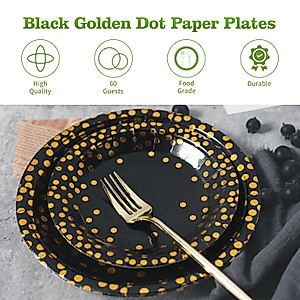 Lullaby 120PCS Black Paper Plates, Black and Gold Paper Plates, 60pcs Dinner Plates 9"，60pcs Dessert Plates 7", Disposable Graduation Plates with Golden Dot for Birthday party, Halloween