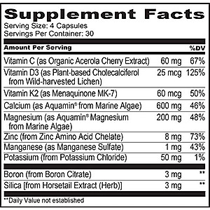 NATURELO Bone Strength - Plant-Based Calcium, Magnesium, Potassium, Vitamin D3, VIT C, K2 - GMO, Soy, Gluten Free Ingredients - Whole Food Supplement for Bone Health - 120 Vegan Friendly Capsules