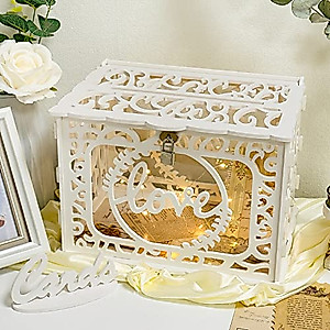 AerWo Wedding Card Box with Lock and String Light, Glittery DIY Wedding Gift Card Boxes for Reception, White PVC Wedding Memory Money Box for Wedding Reception Anniversary Party Decorations