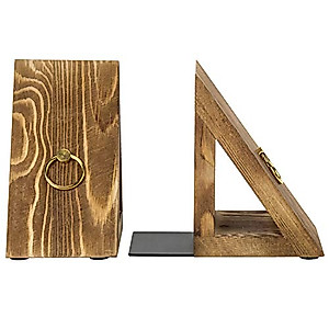 MyGift Rustic Burnt Wood Office Decor Bookends with Triangular Design, Decorative Wooden Bookend Book Stand with Brass Tone Ring Accent, 1 Pair