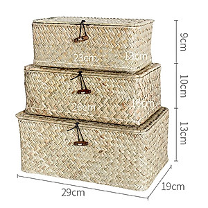 Storage Shelf Basket with Lid Rectangular Handmade Seagrass Rattan Woven Makeup Organizer Multipurpose Container Natural Box for Shelves