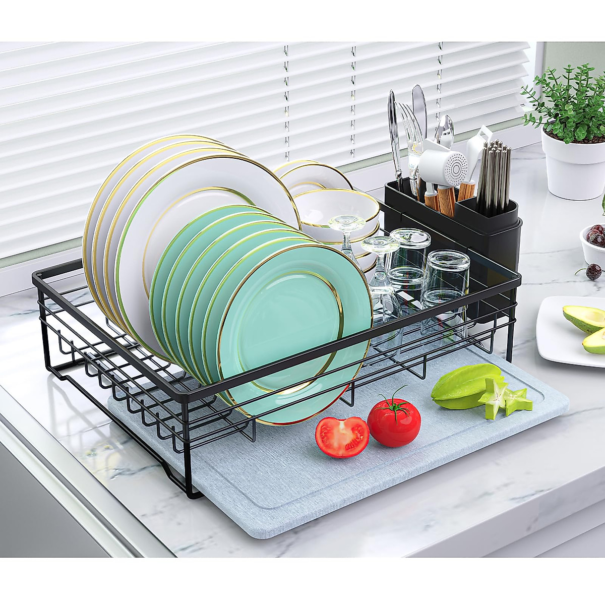 VABNEER Dish Drying Rack with Stone Drying Mat, Quick-Drying/Stainless/Super Sturdy/Space-Saving, Dish Strainers for Kitchen Counter, Escurridor de Trastes para Cocina (Black)