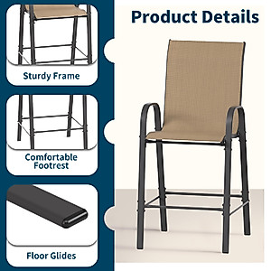 Amopatio Outdoor Bar Stools Set of 4, Sturdy High Back Outdoor Bar Chairs, All-Weather Textile Patio Bar Stools, Comfortable Bar Hight Patio Chairs for Backyard, Balcony, Porch, Brown