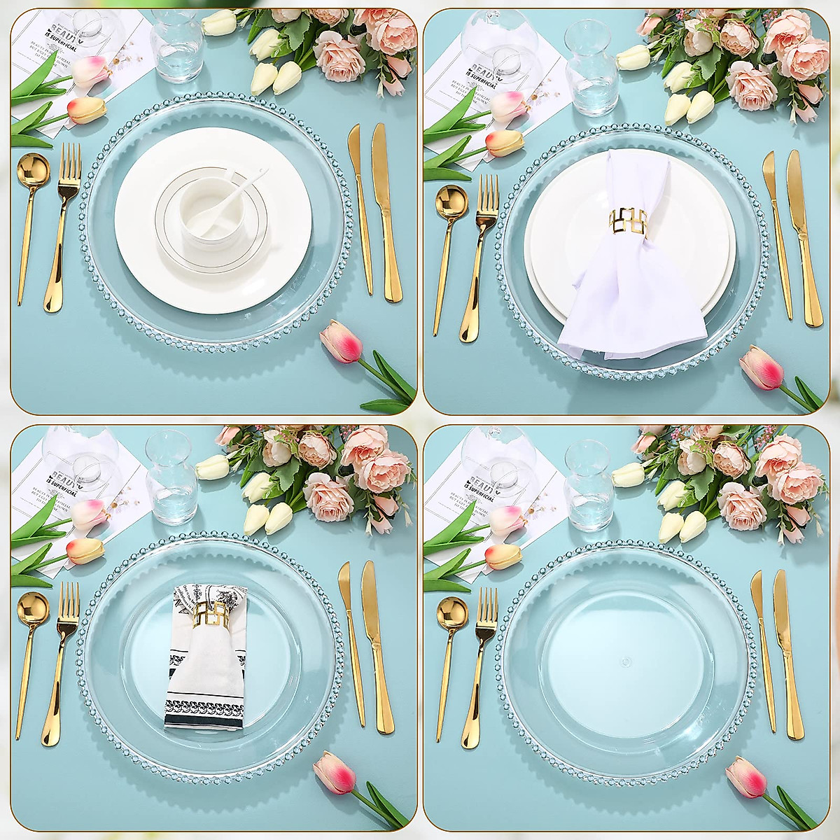 50 Pieces Clear Charger Plates Bulk 13 Inch Plastic Round Dinner Plate with Beaded Rim Acrylic Embossed Dinner Chargers Decorative Plates for Home Kitchen Party Wedding Events Dinner Tabletop Decor