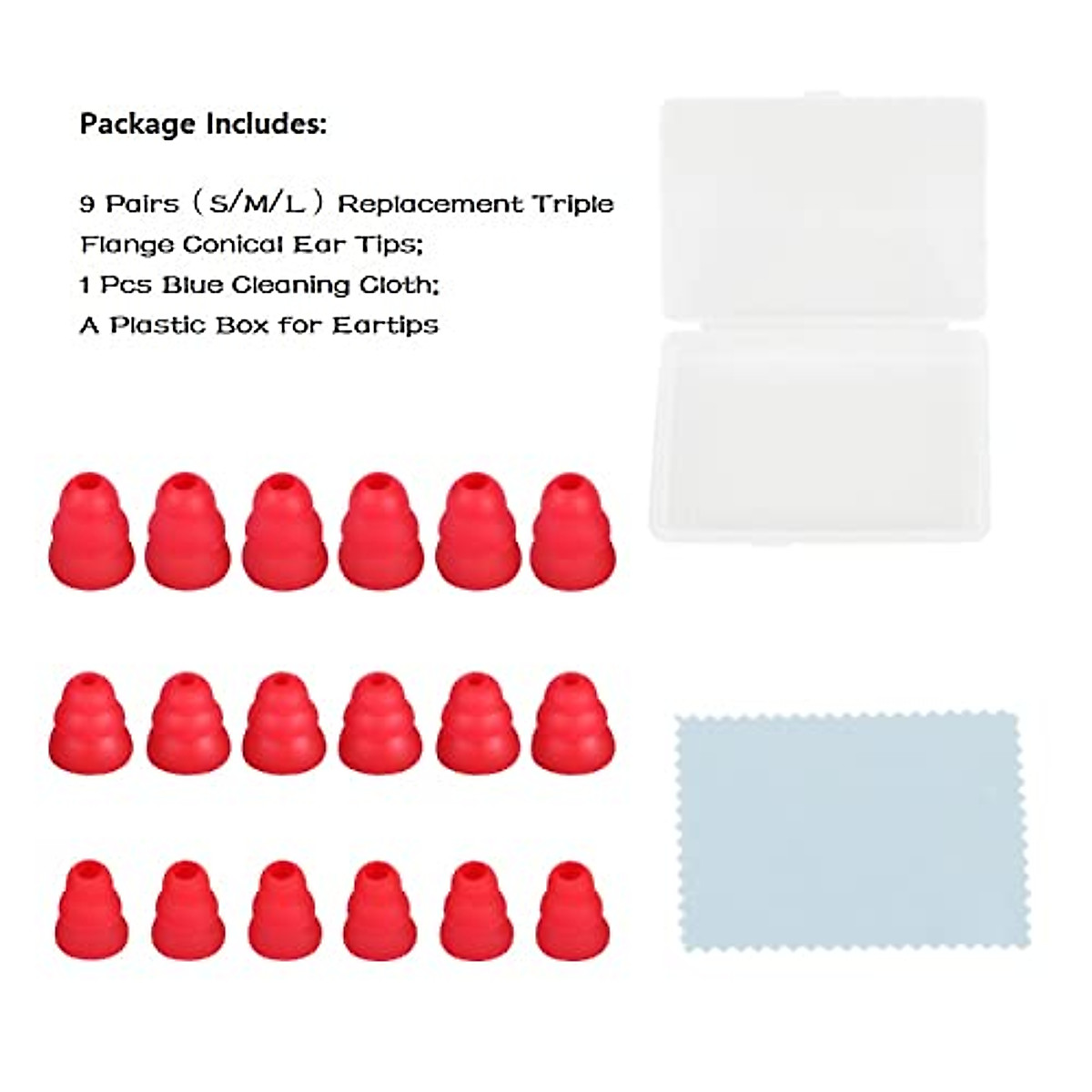 Silicone Ear Tips Triple Flange Replacement Ear Tips Three Flange Noise-Isolation Eartips Fit for Inner Hole from 4mm - 5.1mm Earphones 9 Pairs S/M/L Red