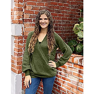 LookbookStore Fall Cute Sweater for Woman 2023 Winter Knit Sweaters Trendy Tops Army Green Long Sleeve Faux Wrap Surplice V Neck Wrap Sweater for Women Pullover Sweater Tunic Top Size M Size 8 10