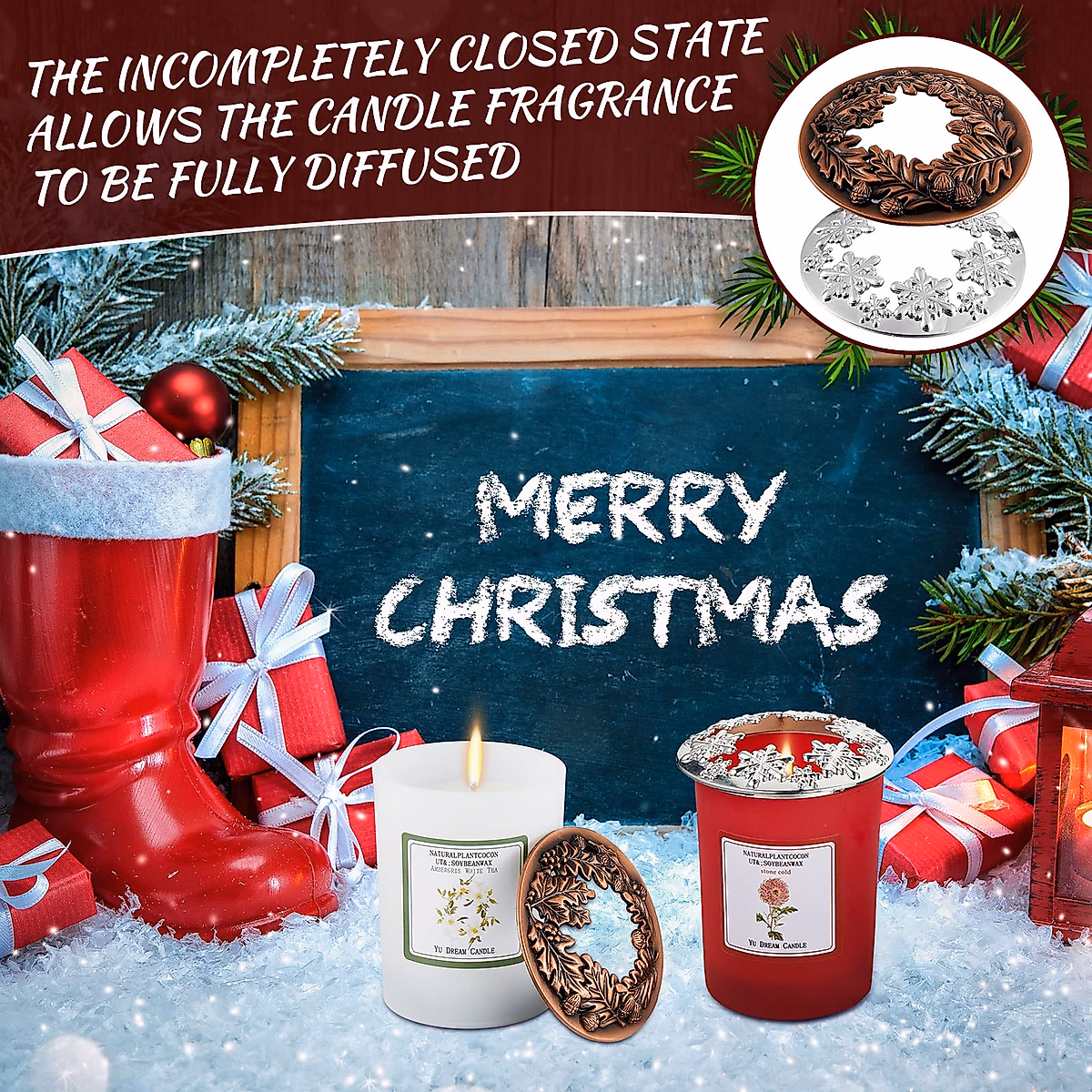 Moxweyeni 2 Pieces Candle Toppers to Burn Evenly Scented Jar Candles Cover 2.85 Inch Leaf Pine Candle Topper Lids Jar Candle Accessories Sleeves Gifts for Christmas Candles Party Favor(Chic Style)