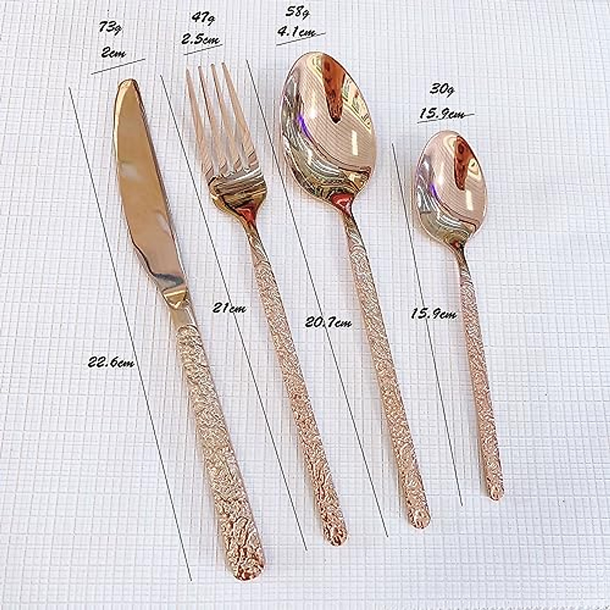 Silverware Set Flatware Rose Gold Hammered Cutlery Utensil Food-Grade Stainless Steel，Home Restaurant Small Business,Mirror Finish Tableware 24 Piece Service for 6