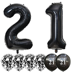 21st Birthday Balloons Black, 21st Birthday Decorations for Him with Large Number 21 Foil Balloon Birthday Confetti Balloons Metallic Black Latex Balloons for Her Girls Boys 21 Years Old Bday Decor