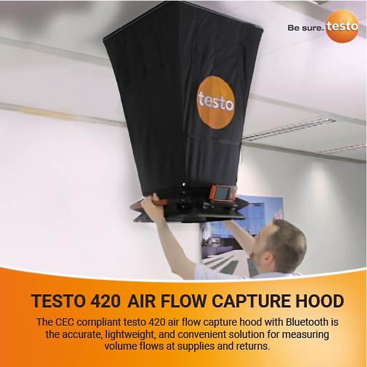Testo 420 Flow Hood – Air Flow Meter for Airflow, air velocity, volume flow, temperature, and relative humidity – HVAC Air Flow Meter CFM with Tiltable Display, Bluetooth, and App Compatibility