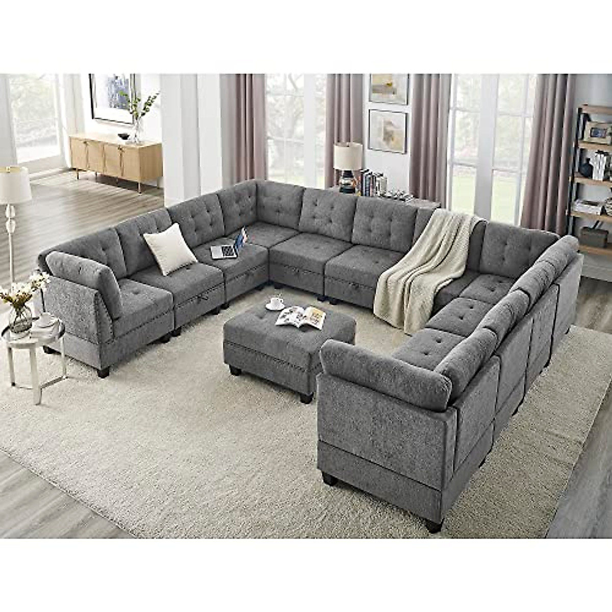 Free Combination Sectional Sofa Oversized Reversible Modular Couch U Shaped Corner Sofá Upholstered Deap Seat Sleeper Couches Bed with Storage for Living Room,7 Single Chairs,4 Corners,1 Ottoman