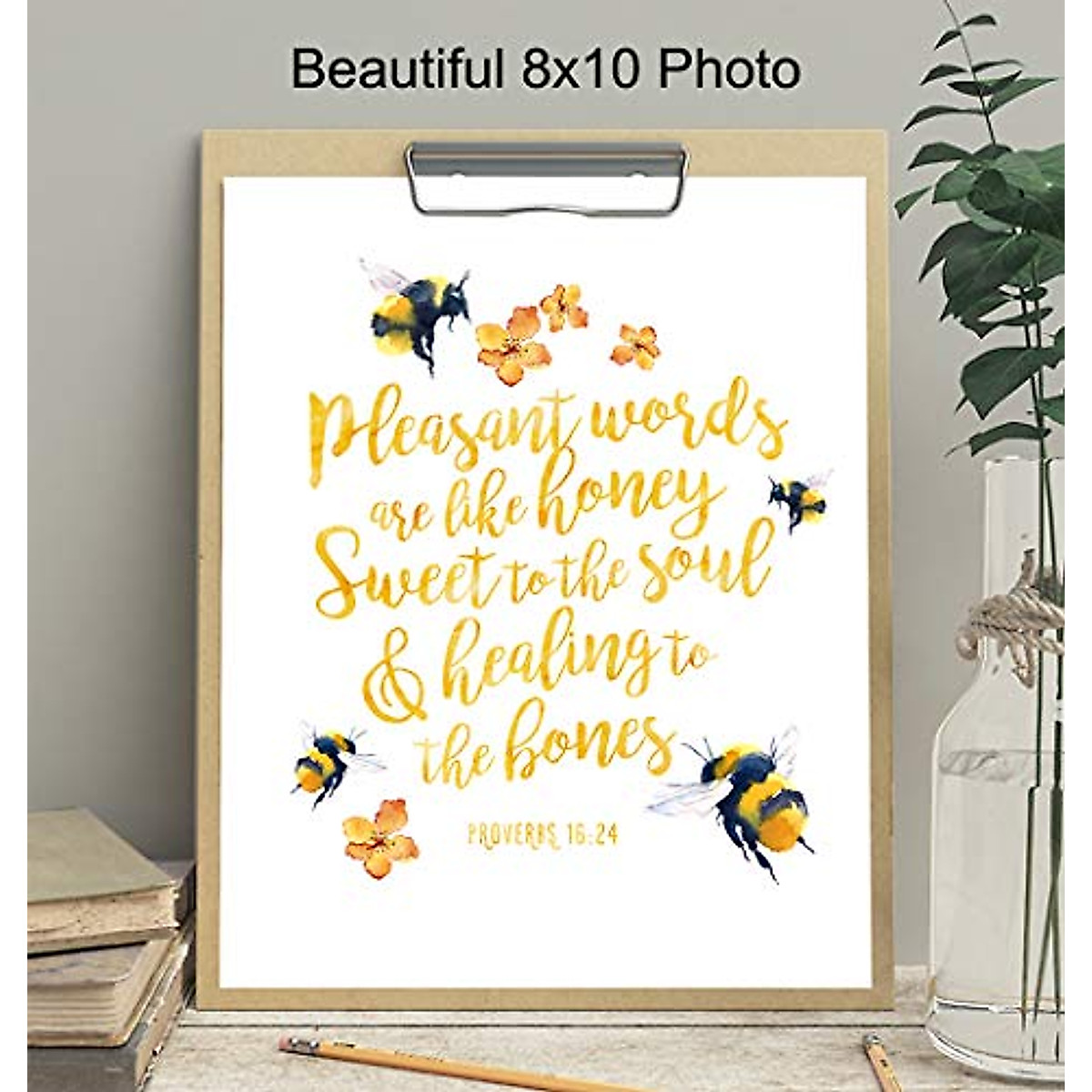 Honey Bee Decor - Bee Wall Decor - Bee Wall Art - Inspirational Religious Wall Decor - Proverbs Bible Study - Christian Gifts for Women - Bible Verses Wall Decor - Spiritual Holy Scriptures Wall Art