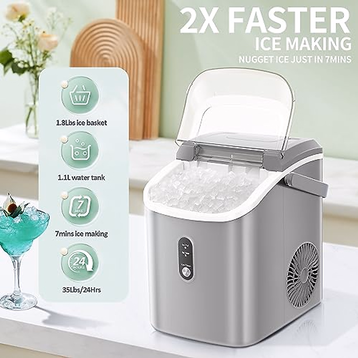 ZAFRO Nugget Ice Maker Countertop, Pebble Ice Machine with Self-Cleaning, 35Lbs/24H, Pellet Ice Maker with Ice Basket/Ice Scoop/Ice Bag for Home/Office/Bar/Party, Grey