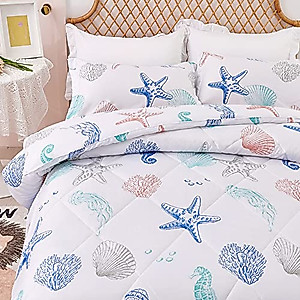 JSD Beach Theme 2 Piece Twin Kids Comforter Set, Jellyfish Starfish Shell Printed Comforter with Pillow Sham, Soft Comfortable Machine Washable
