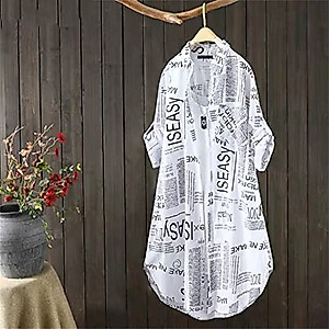 Women's Newspaper Printed Shirts Long Sleeve Button Down Blouses Lapel Oversized Tunic Tops White L