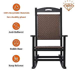 Adiromoti Patio Rocking Chair Set of 3 Rattan High Back Rocking Chair Side Table Weather Resistant HDPE Outdoor Rocking Chair Furniture for Porch Garden Backyard Campfire Firepit Weatherproof (Black)